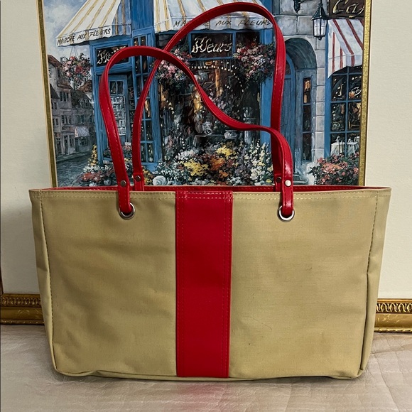 Lancome | Bags | Lancome Red And Tan Tote Bag | Poshmark